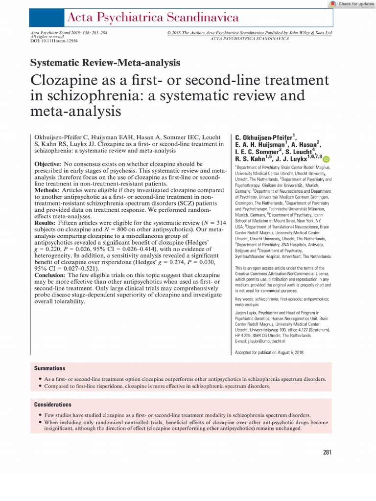 Clozapine As A First or Second Line Treatment in Schizophrenia A ...