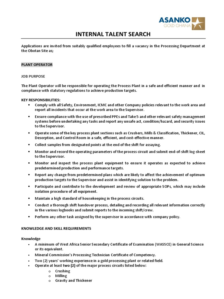 Internal Advert - Plant Operator | PDF | Regulatory Compliance | Safety