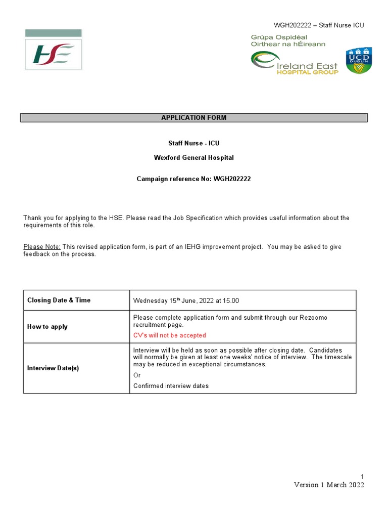 WGH202222 Staff Nurse ICU Application Form | PDF | Nursing | Intensive ...