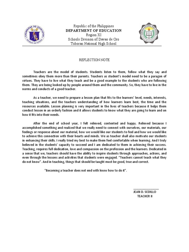 Reflection Note | PDF | Teachers | Learning