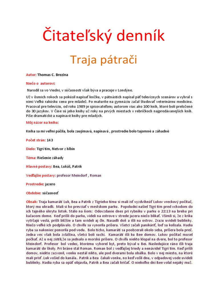 Čitateľský Denník TT | PDF