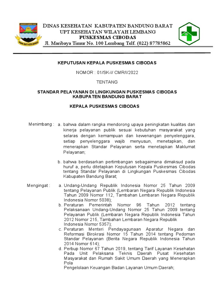 Standar Pelayanan Puskesmas Cibodas | PDF | Pengelolaan Keuangan & Uang | Pengembangan Diri