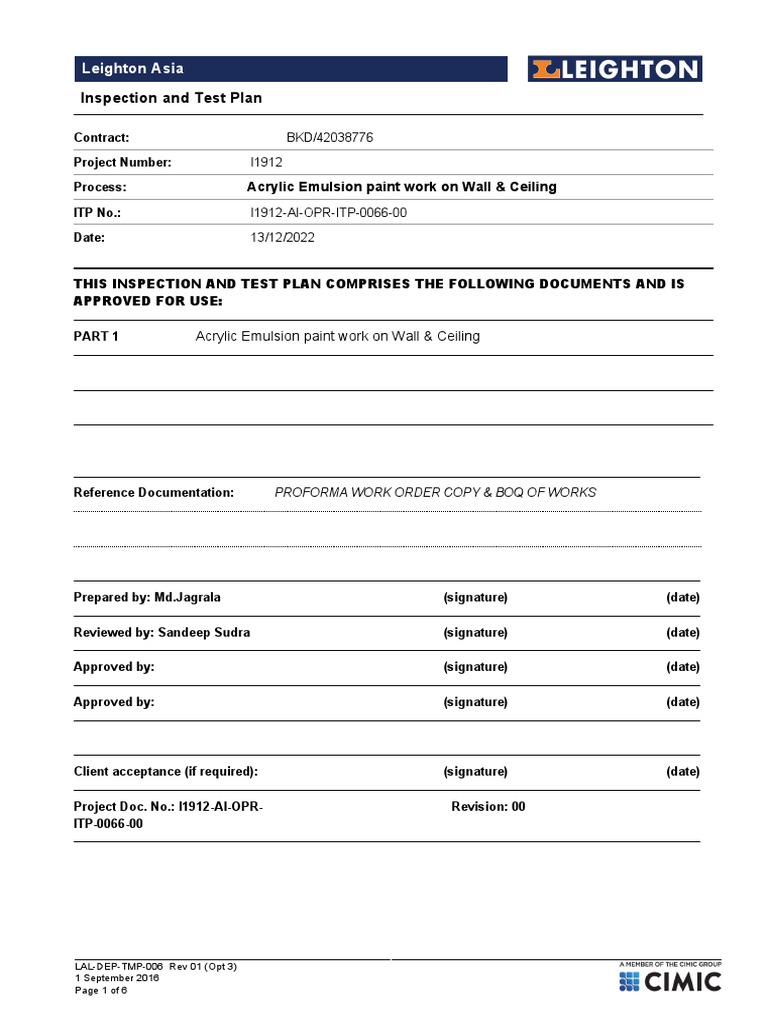 I1912-AI-OPR-ITP-0066-00 ITP For Acrylic Emulsion Paint Works | PDF ...