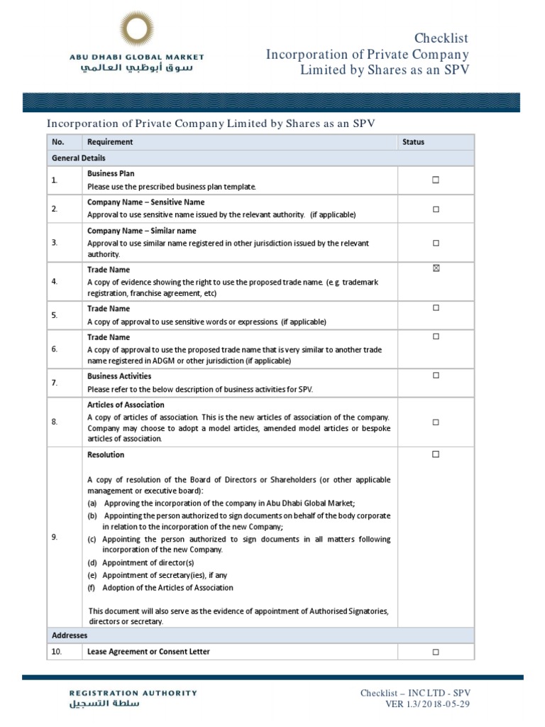 Checklist Inc SPV LTD VER1.3 | PDF | Articles Of Association | Companies