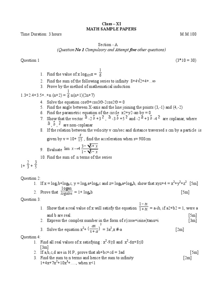 Isc Class 11 Maths Sample Paper Model 1 | Download Free PDF | Circle ...