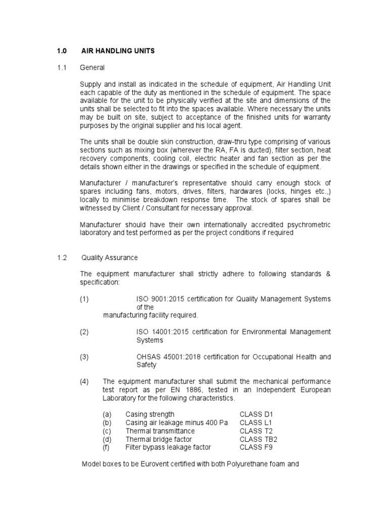 TROSTEN Mechanical Specification - AHU | PDF | Sheet Metal | Pipe ...