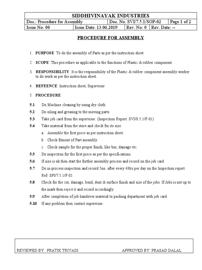 Procedure For Assembly | PDF | Secondary Sector Of The Economy