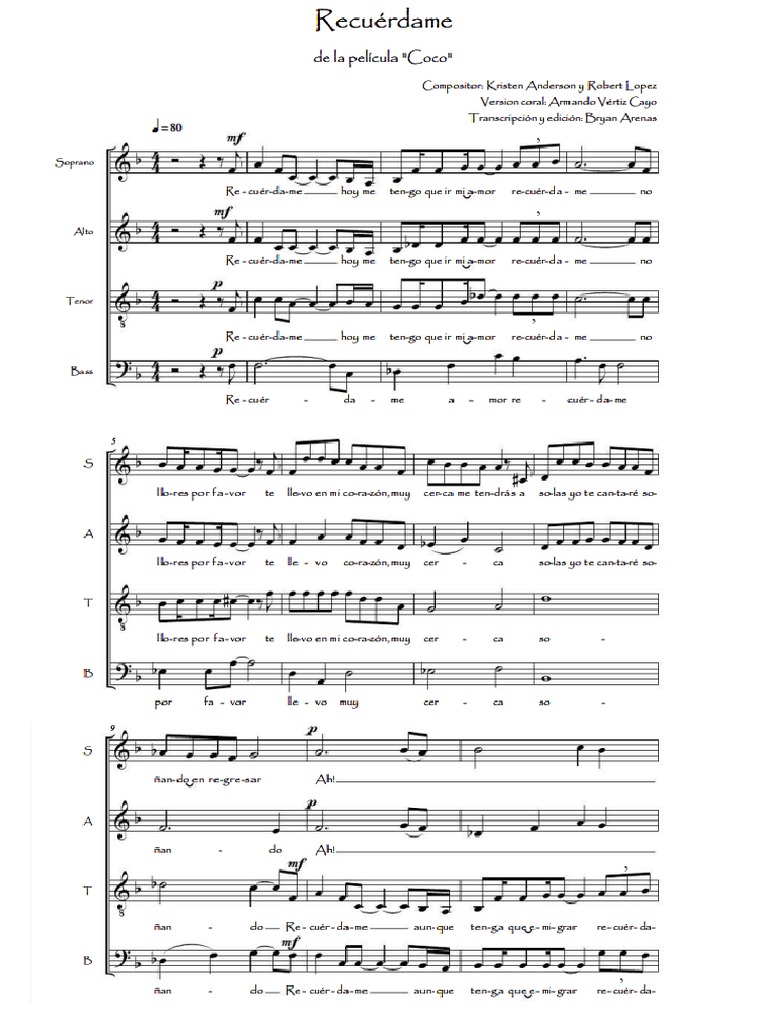 Recuerdame Coco 4 Voces Partitura y Letra | PDF