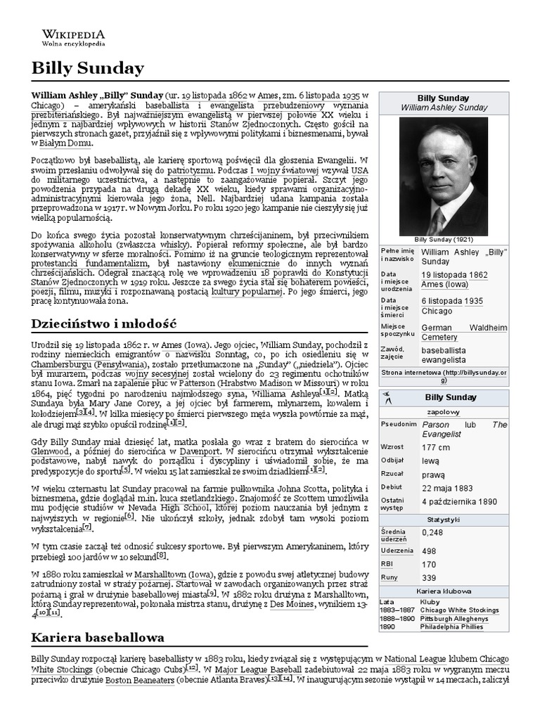 Billy Sunday - Wikipedia, Wolna Encyklopedia | PDF