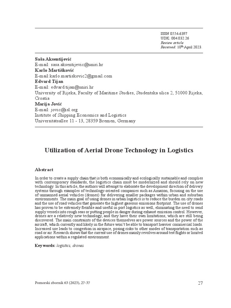 Utilization of Aerial Drone Technology in Logistics | PDF | Unmanned Aerial Vehicle | Logistics