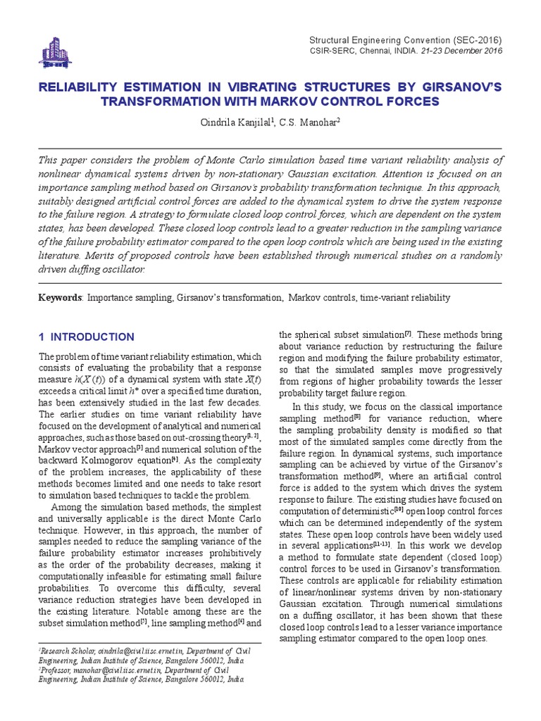 Reliability Estimation in Vibrating Structures by Girsanov'S ... Reliability Estimation in Vibrating Structures by Girsanov'S ...