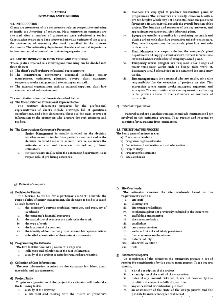 Estimating and Tendering in Construction | PDF | Employment | Bonds ...