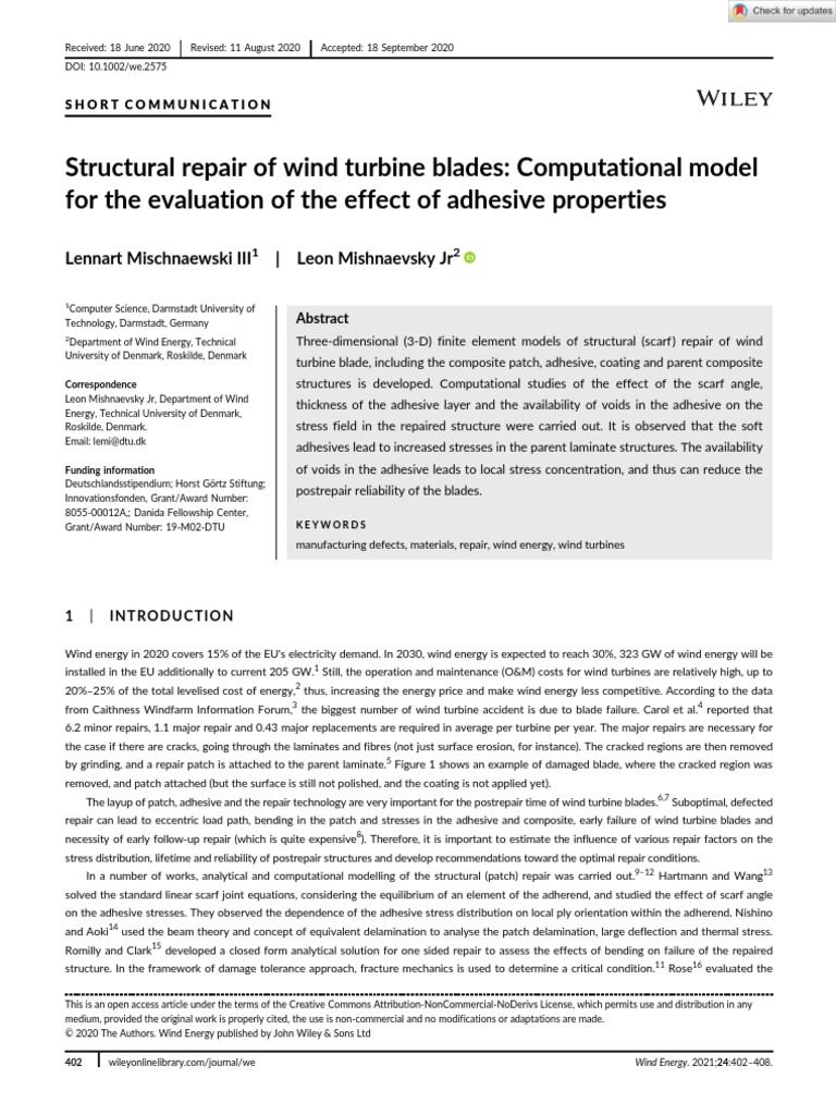 Wind Energy - 2020 - Mischnaewski - Structural Repair of Wind Turbine Blades Computational Model ...