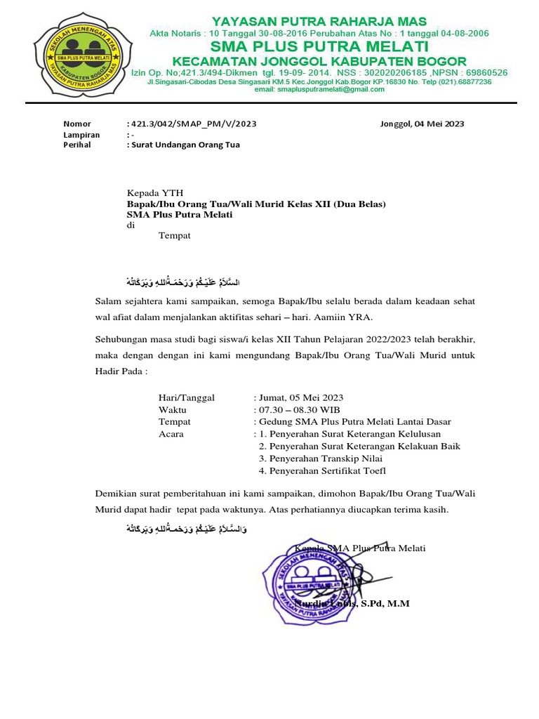 Se - Undangan Ortu - Pembagian Kelulusan | PDF