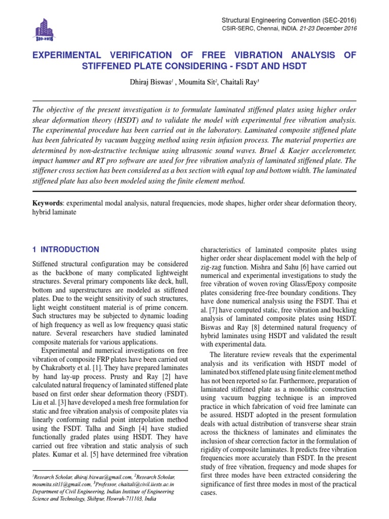 Experimental Verification of Free Vibration Analysis of Stiffened Plate Considering - FSDT and ...