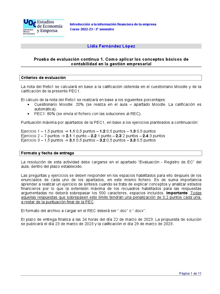 IIF - PEC 1 - Lidia Fernández López - Ok | PDF | Contabilidad | Estado financiero