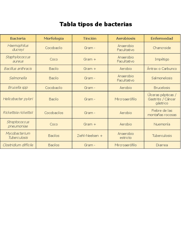 Tabla Tipos de Bacterias | PDF