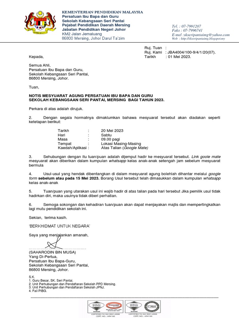 NOTIS Mesyuarat Agung PIBG 2023 | PDF | Karier & Perkembangan