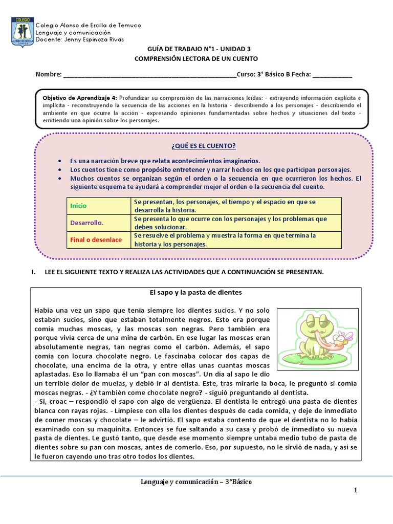 Guia de Trabajo N°1-Unidad 3-Lenguaje-3° Básico B-Cuento El Sapo y La ...