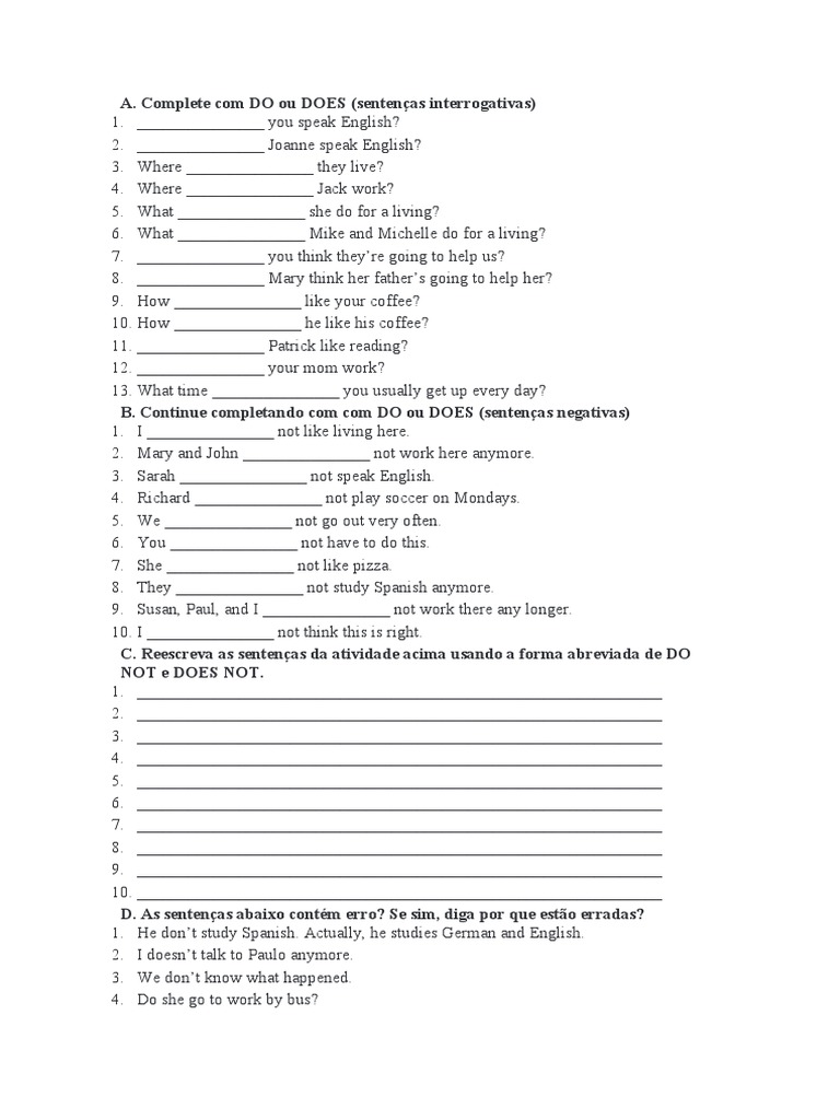 Exercícios de DO e DOES em Inglês | PDF