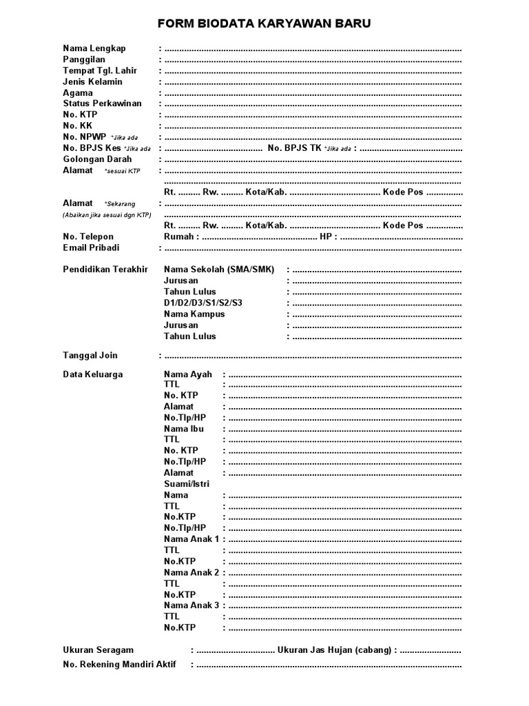 Form Biodata Diri Karyawan NEW Dari Mbak Yola 2 | PDF