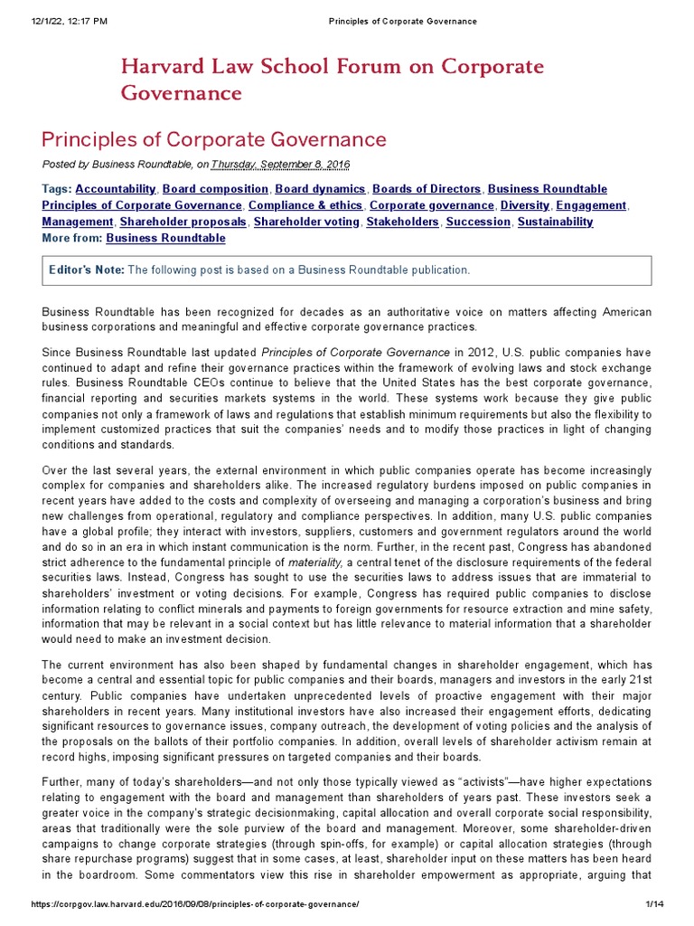 Principles of Corporate Governance - Harvard | PDF | Corporate ...