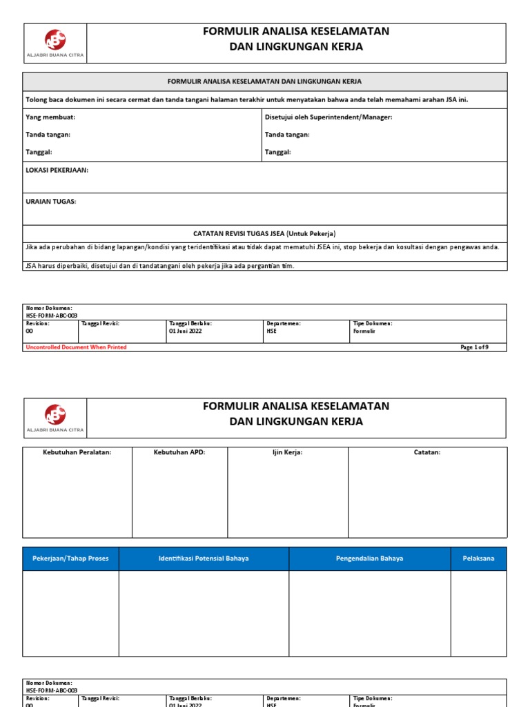HSE-FORM-ABC-003 Job Safety Analysis | PDF