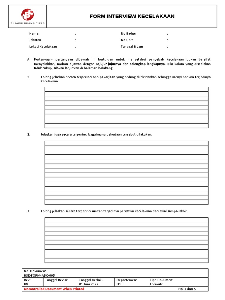 HSE-FORM-ABC-005 Form Laporan Interview Kecelakaan | PDF
