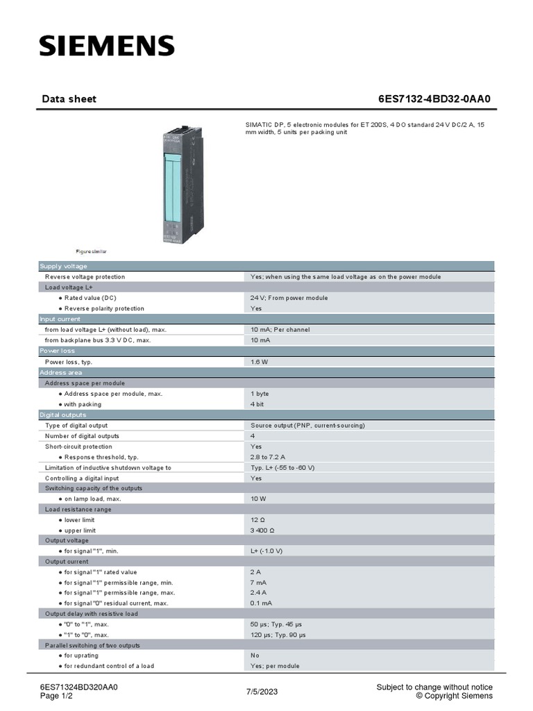 6ES71324BD320AA0 Datasheet en | PDF | Power Supply | Electronic Engineering