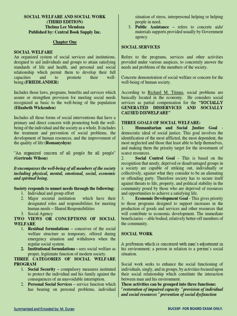 Orange Book Summary Social Welfare and Social Work 1 | PDF | Social Work | Profession