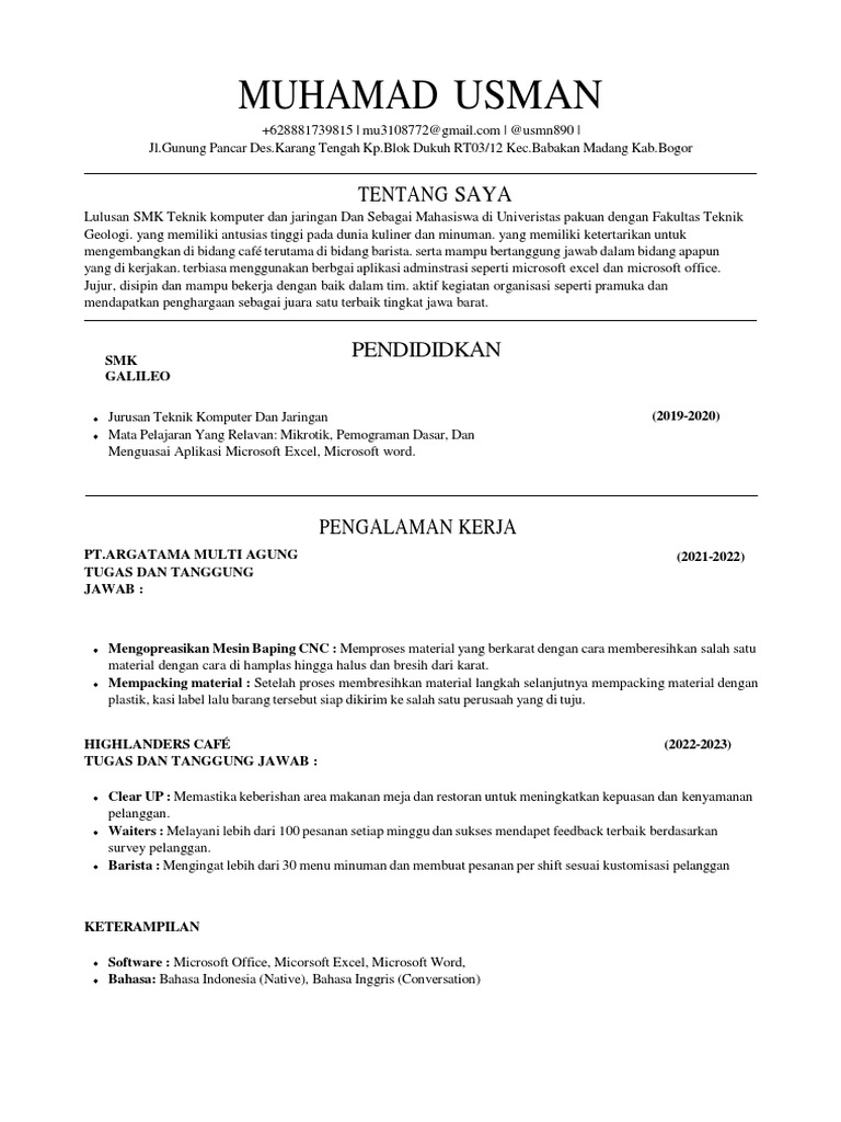 Surat Lamaran Dan CV Muhamad Usman | PDF | Karier & Perkembangan | Komputer