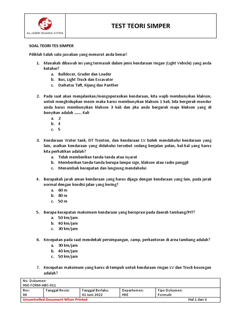 HSE-FORM-ABC-011 Soal Teori Test SIMPER | PDF HSE-FORM-ABC-011 Soal Teori Test SIMPER | PDF