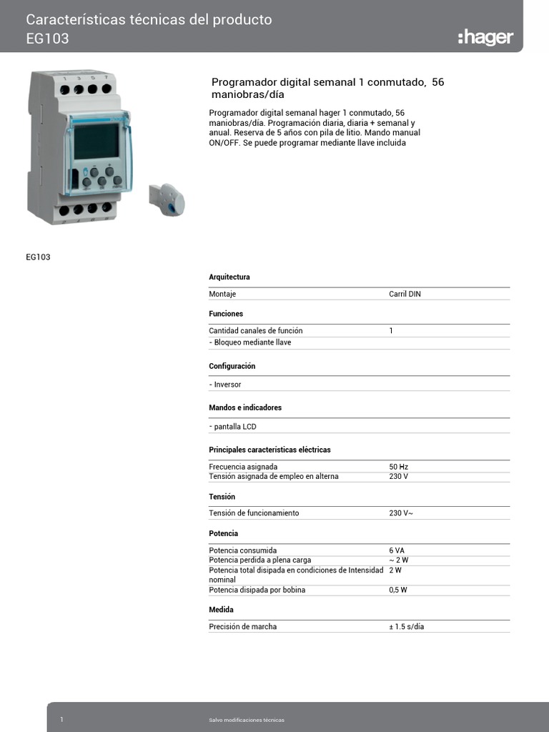 Programador Digital Semanal Hager EG103 | PDF | Energia electrica ...