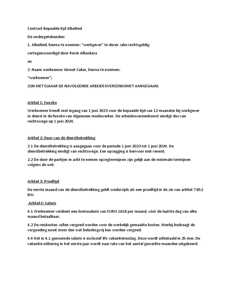 Contract Bepaalde Tijd AlbaNed | PDF