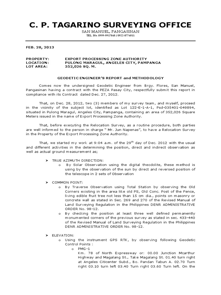 Geodetic Engineer's Report On Relocation Survey | PDF | Surveying | Geodesy