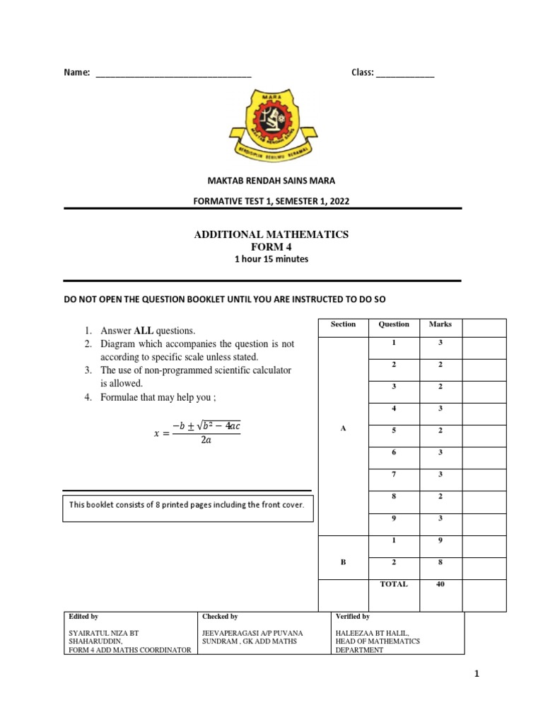Trial Addmath | PDF | Quadratic Equation | Algebra