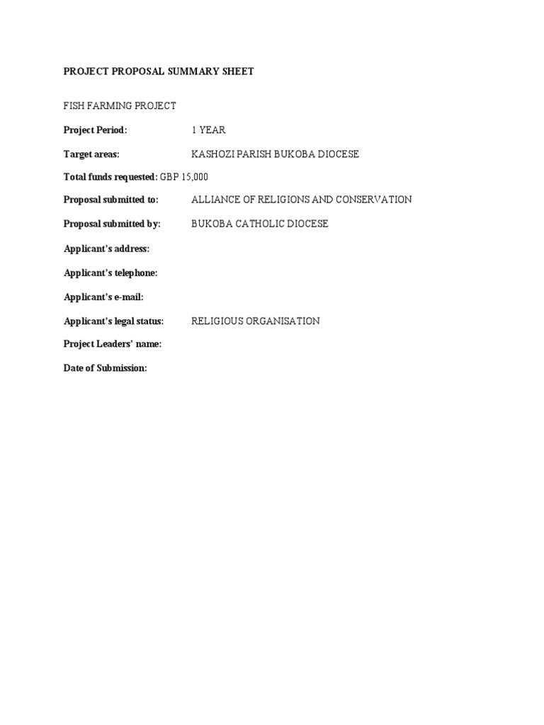 Project Proposal Summary Sheet Fish Farm | PDF | Aquaculture | Food ...
