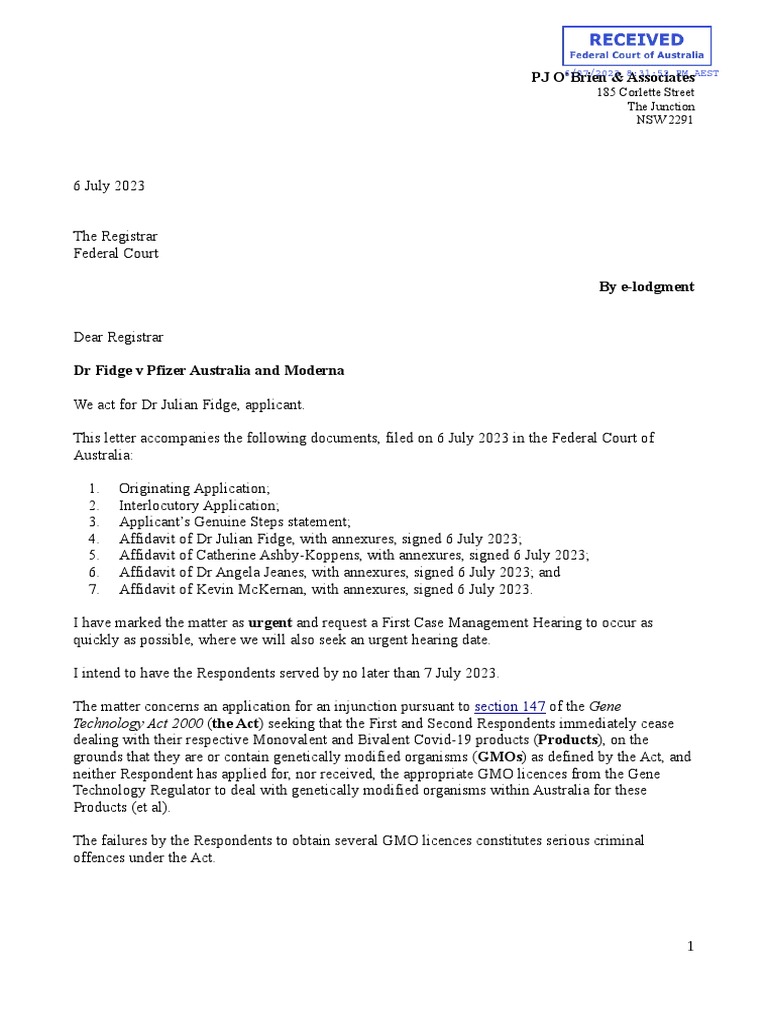 02.230706 Letter FC Registry Re Urgency Sealed | PDF | Cell (Biology ...