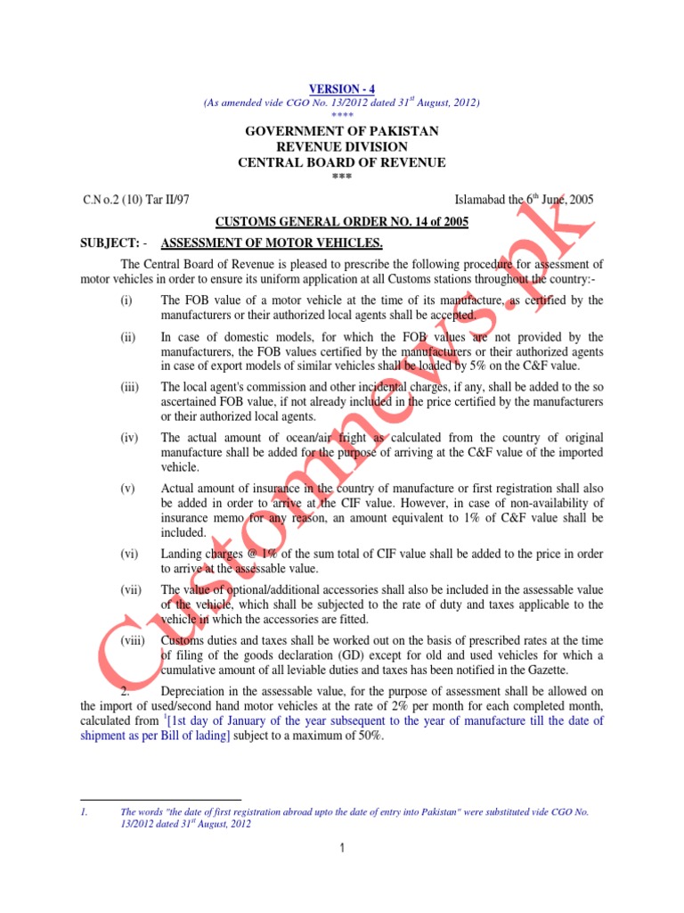 Customs General Order 14/2005: Vehicle Assessment | PDF | Depreciation ...