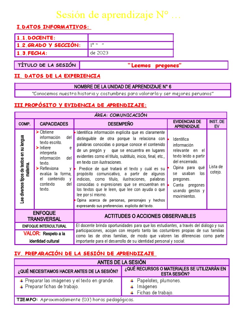 Sesión Leemos Pregones | PDF | Aprendizaje