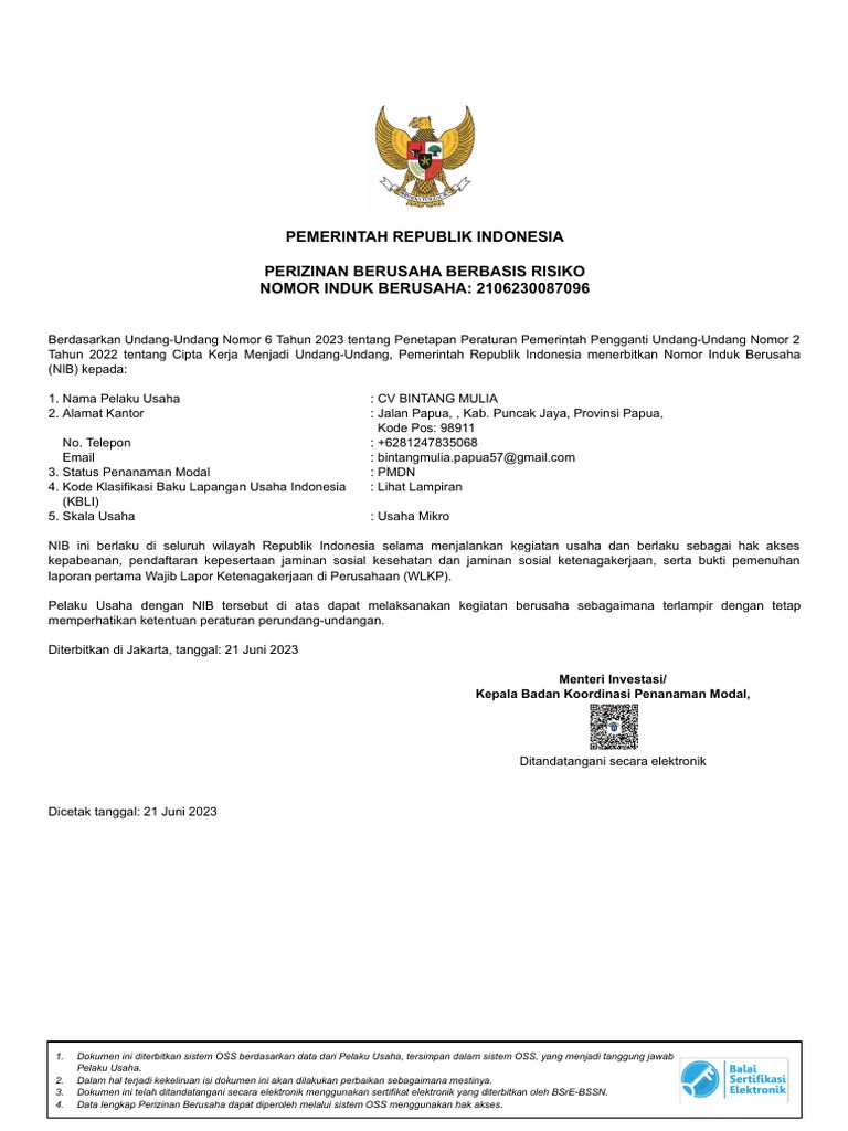 NIB CV Bintang Mulia | PDF