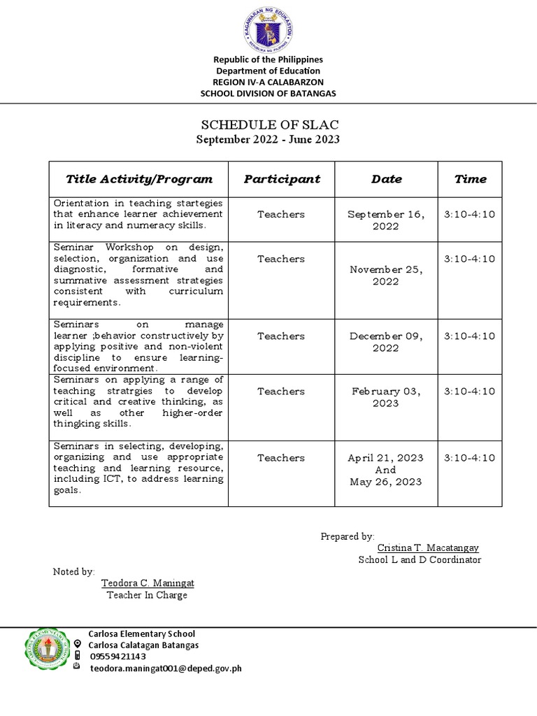 SLAC Schedule 2022 2023 | PDF