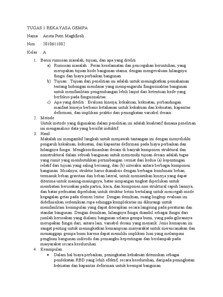 Tugas 1 Rekayasa Gempa | PDF | Teknologi & Rekayasa