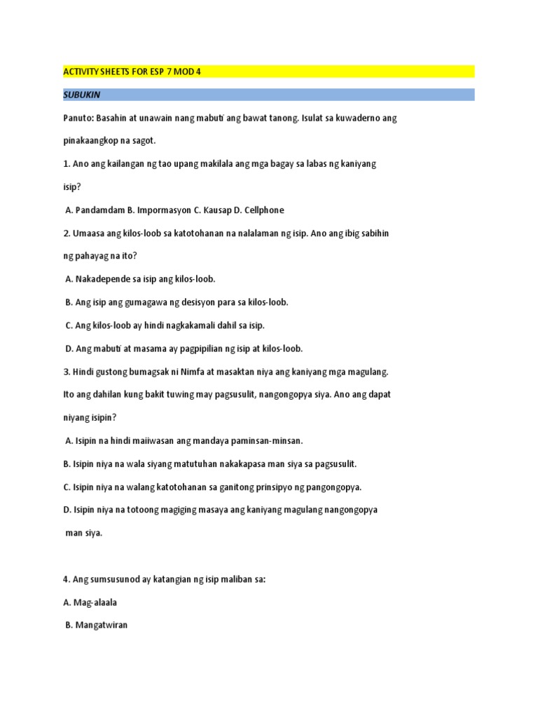 Activity Sheets For Esp 7 Mod 4 2ND Quarter | PDF