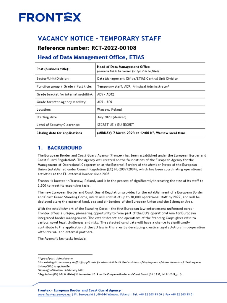 Vacancy Notice Head of Data Management Office, ETIAS, RCT-2022-00108 ...