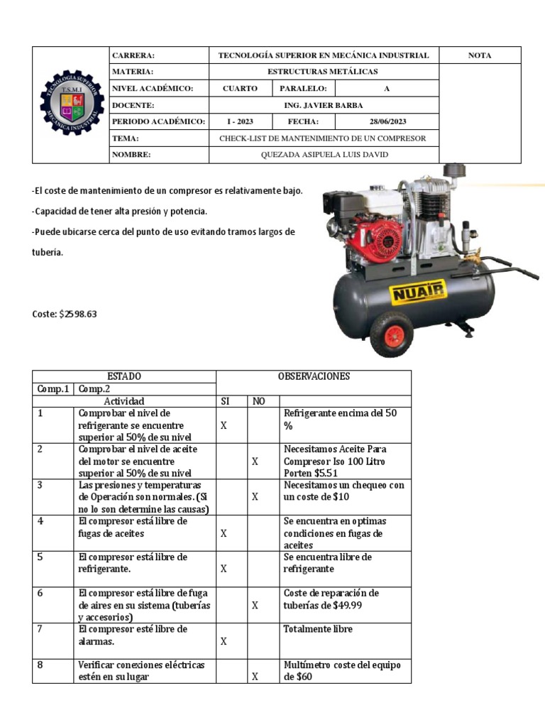 Mantenimiento de Un Compresor | PDF | Física Aplicada e Interdisciplinaria | Ciencias fisicas