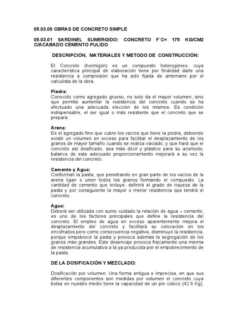 Especificaciones de Concreto Simple | PDF | Hormigón | Cemento