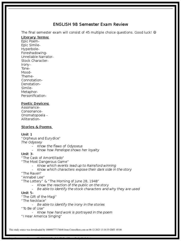 English 9B Final Exam Review Guide | PDF | Citation | Poetry