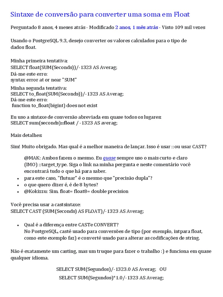Sintaxe de Conversão para Converter Uma Soma em Float | PDF | Métodos e ...