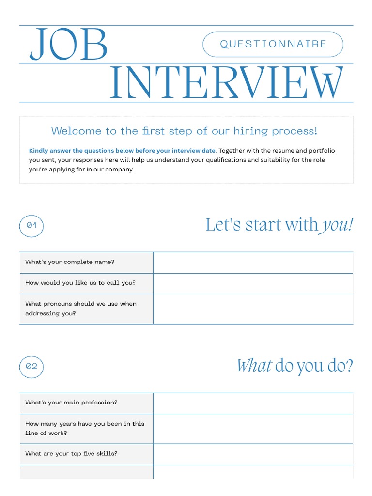 Job Interview Questionnaire Doc in Denim Blue Silver Modern Elegance ...